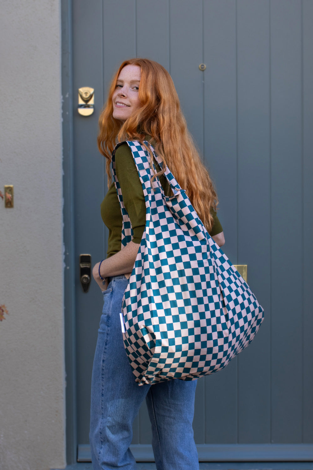 100% Recycled Extra Large Bag | Checkerboard Teal & Beige – Kind Bag