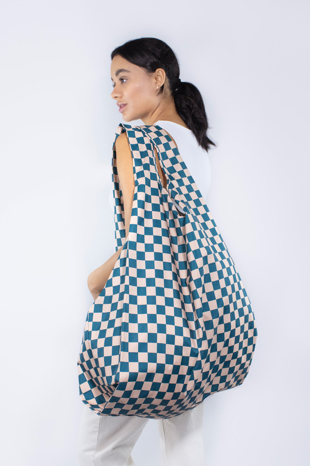 100% Recycled Extra Large Bag | Checkerboard Teal & Beige – Kind Bag
