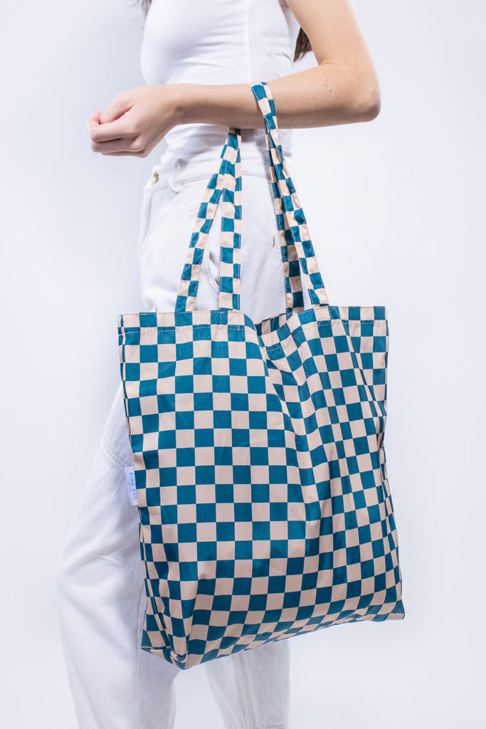 Checkerboard Teal & Beige | Recycled Tote – Kind Bag